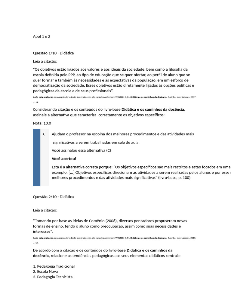Apol 1 e 2 Didática | PDF | Pedagogia | Aprendizado