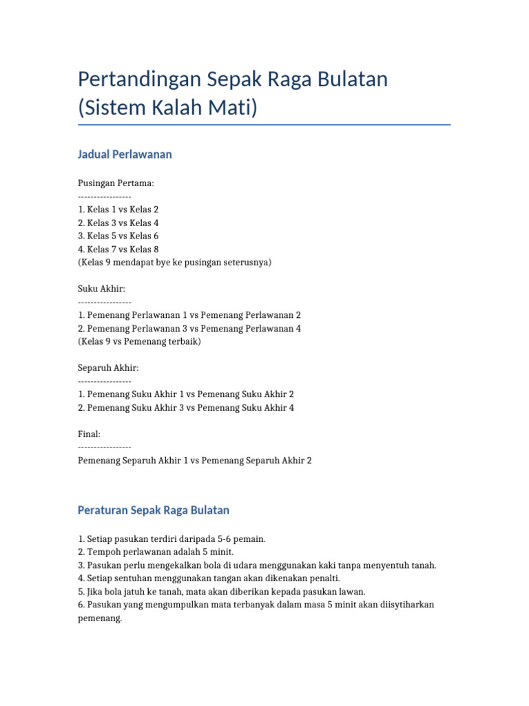 Jadual Peraturan Sepak Raga Bulatan Knockout | PDF