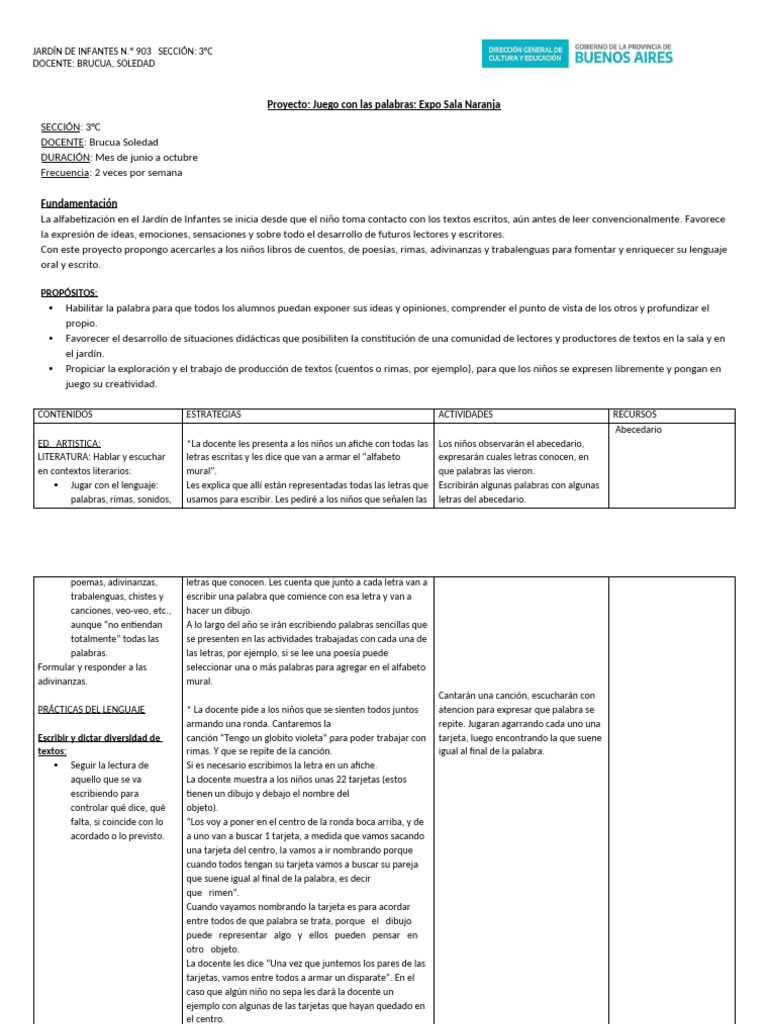 Pro Yec To Palabras | PDF | Educación de la primera infancia | Canciones