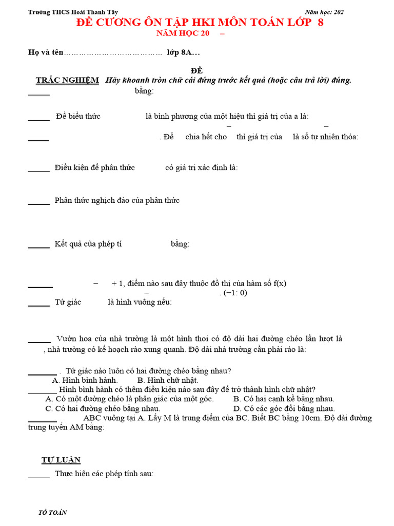 ĐỀ CƯƠNG ÔN TẬP TOÁN 8 HKI-2022-2023 Tùng | PDF