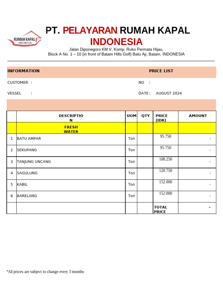 Fresh Water Pricing for Vessels | PDF