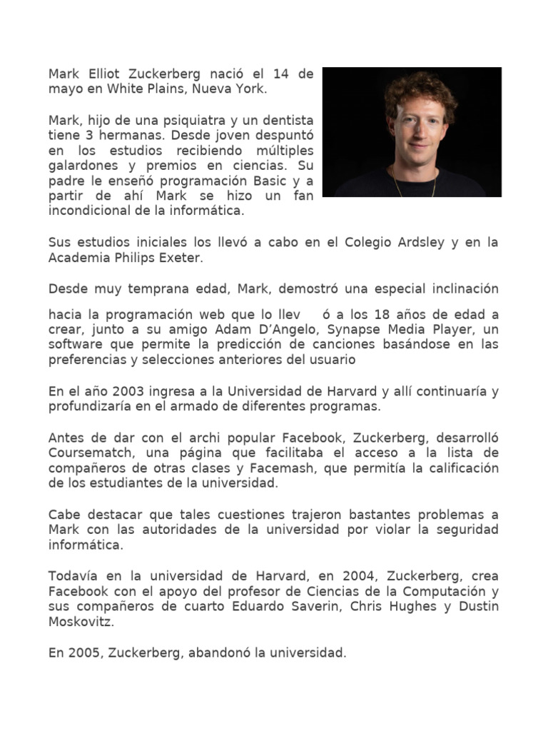 Biografía de Mark Zuckerberg y sus logros | PDF | Mark Zuckerberg ...