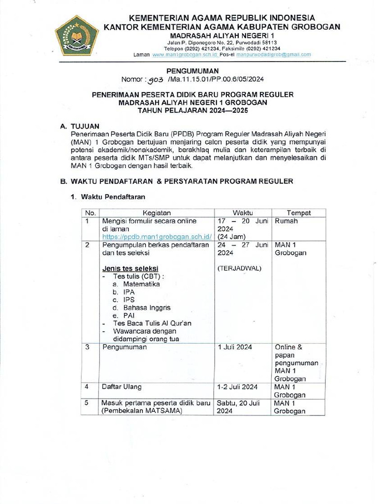 Info PPDB Reguler Mansagan T.A 2024 - 2025 | PDF
