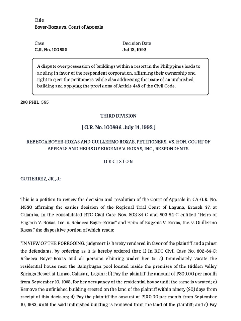 Boyer-Roxas Ejectment Case Summary | PDF | Lawsuit | Judgment (Law)