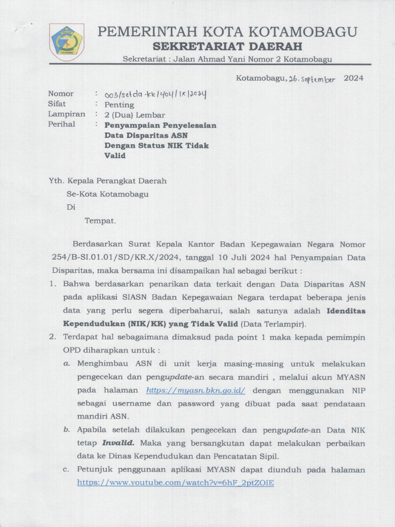 Penyampaian Penyelesaian Data Disparitas Asn Dengan Status Nik Tidak Valid - 000095 | PDF