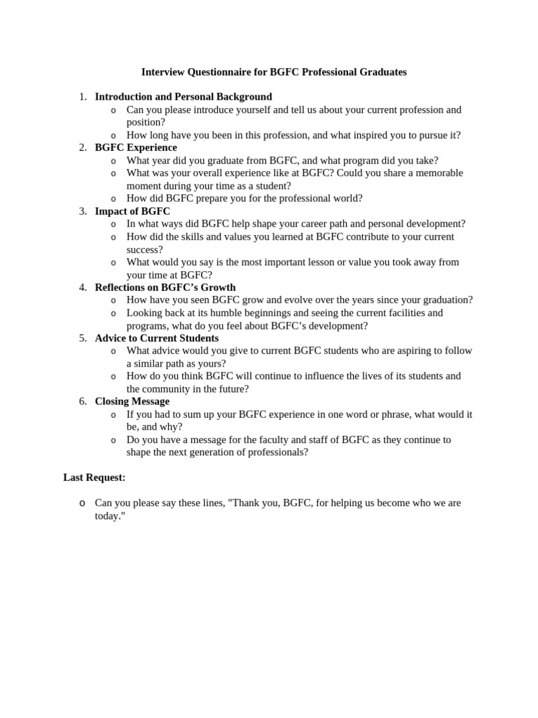 Interview Questionnaire For Professional Graduates | PDF | Career & Growth