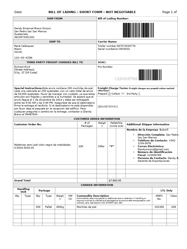 Bill of Lading - Short Form - Not Negotiable | PDF