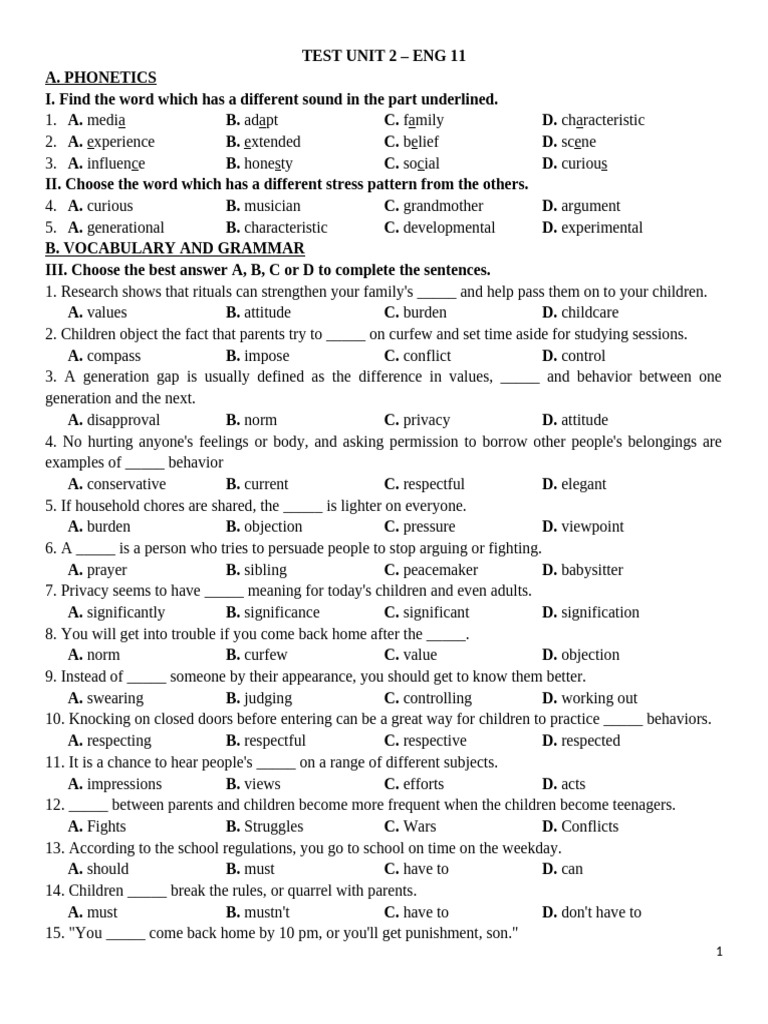 4 B - Test Unit 2 - Grade 11 | PDF | Adolescence