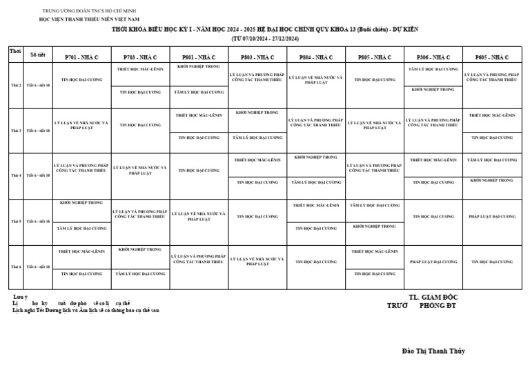 TKB HK1 (2024-2025) Dự Kiến Chiều L TLH | PDF