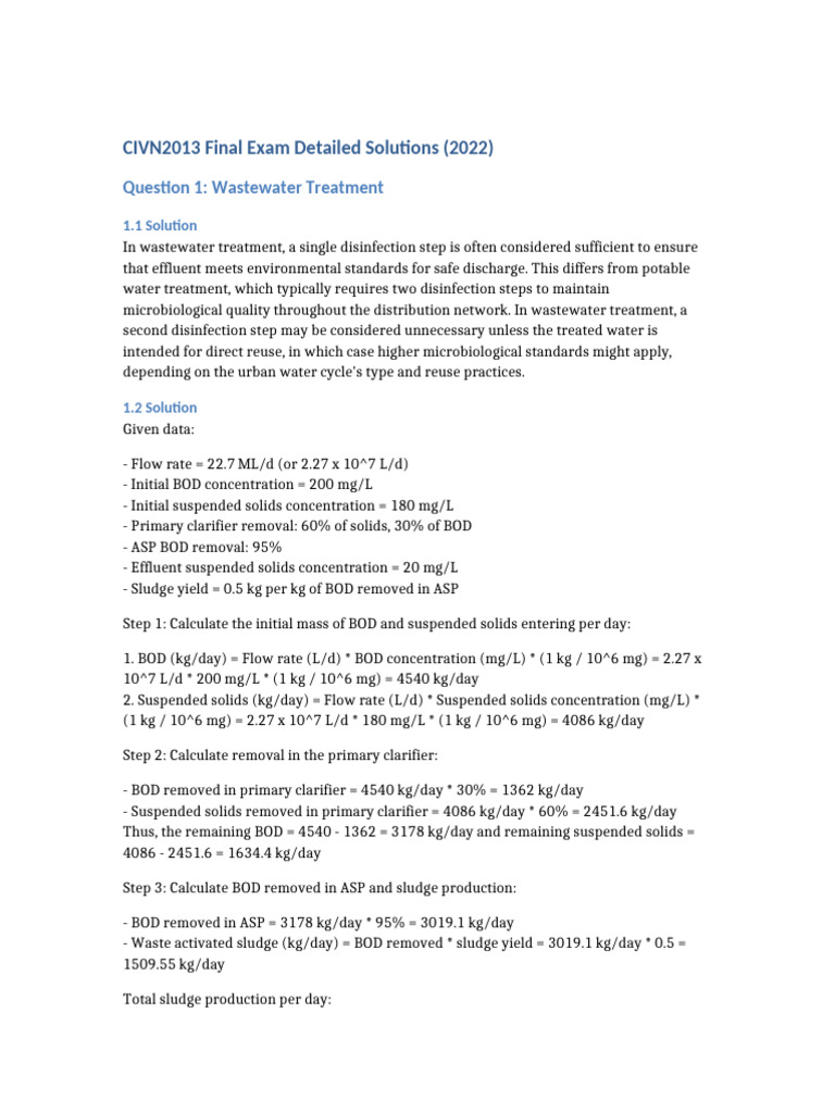 CIVN2013 Final Exam Detailed Solutions 2022 | PDF | Air Pollution | Sewage Treatment