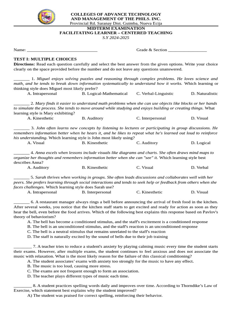 Midterm Examination - Facilitating Learner - Centered Teaching | PDF ...