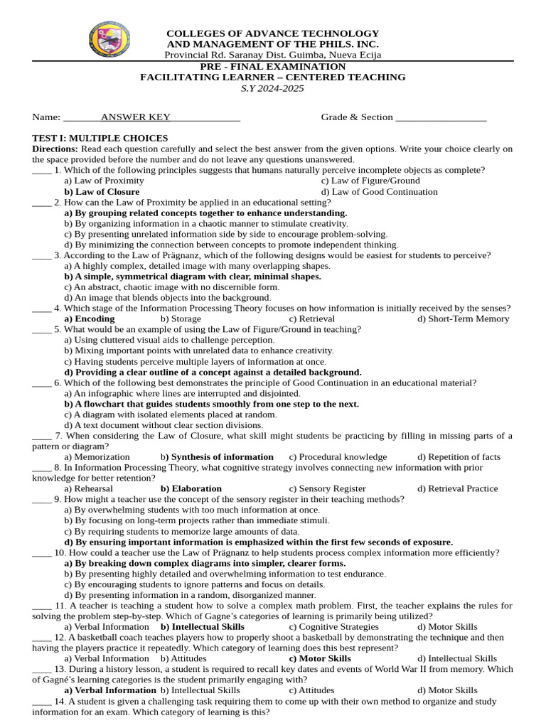 Pre - Final Examination - Facilitating Learner - Centered Teaching ...