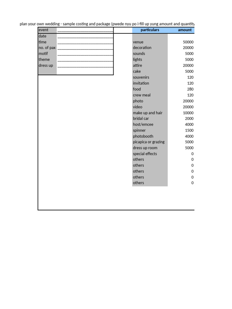 Sample Costing and Budgeting QQQQ | PDF | Bridesmaid | Marriage