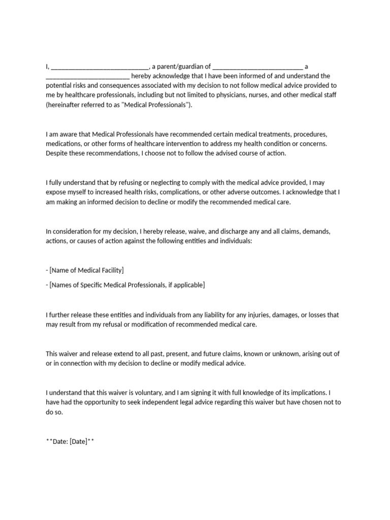 Medical Advice Waiver Template | PDF | Self-Improvement