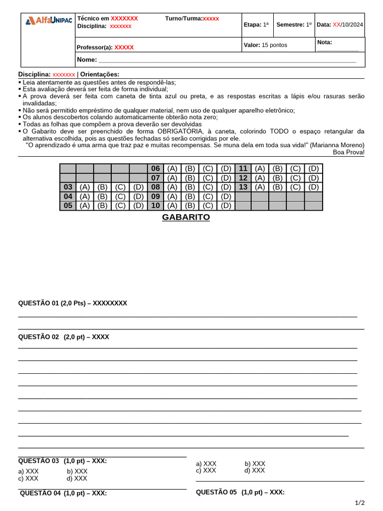 MODELO DE PROVA 1 Etapa | PDF
