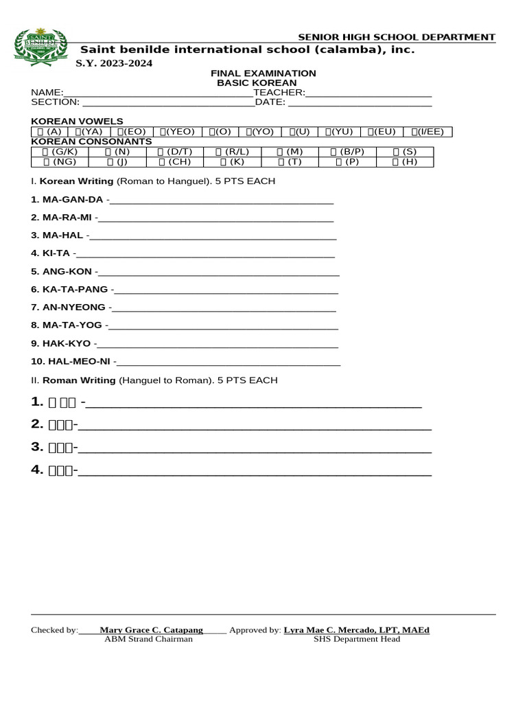 Korean Final Exam Syllabus 2023-2024 | PDF