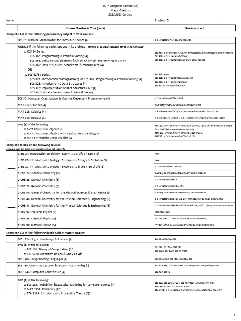 CS Major Checklist 2022-2023 | PDF | Computer Programming | Computer ...