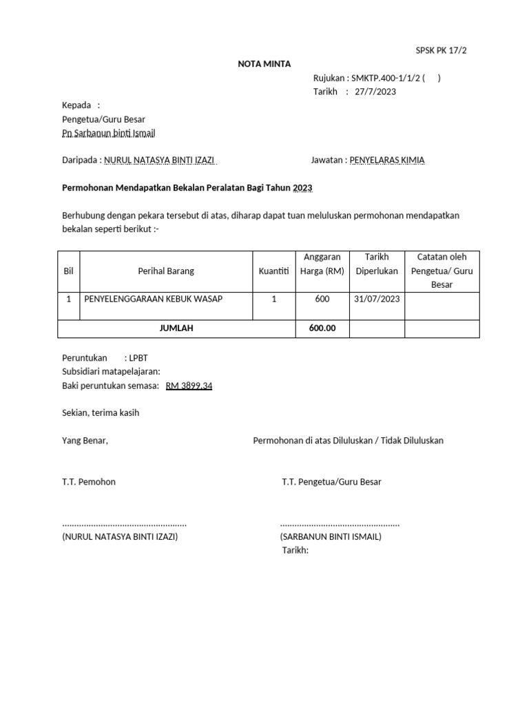Nota Minta Kebuk Wasap | PDF