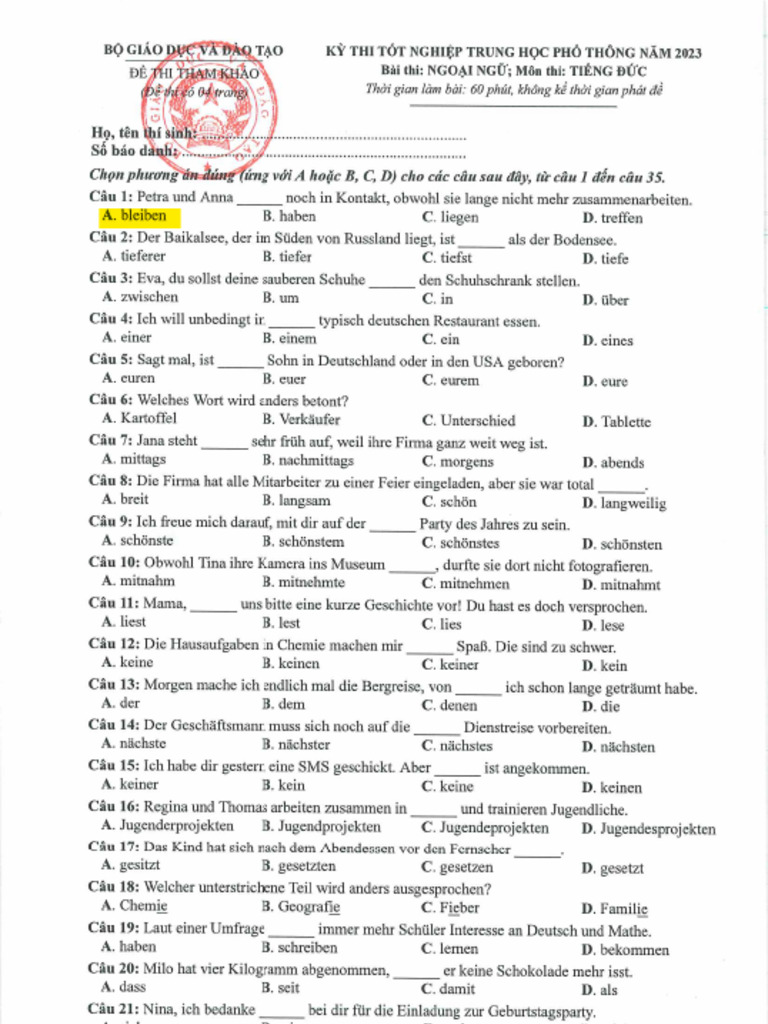 De Tham Khao 2023 Mon Tieng Duc | PDF