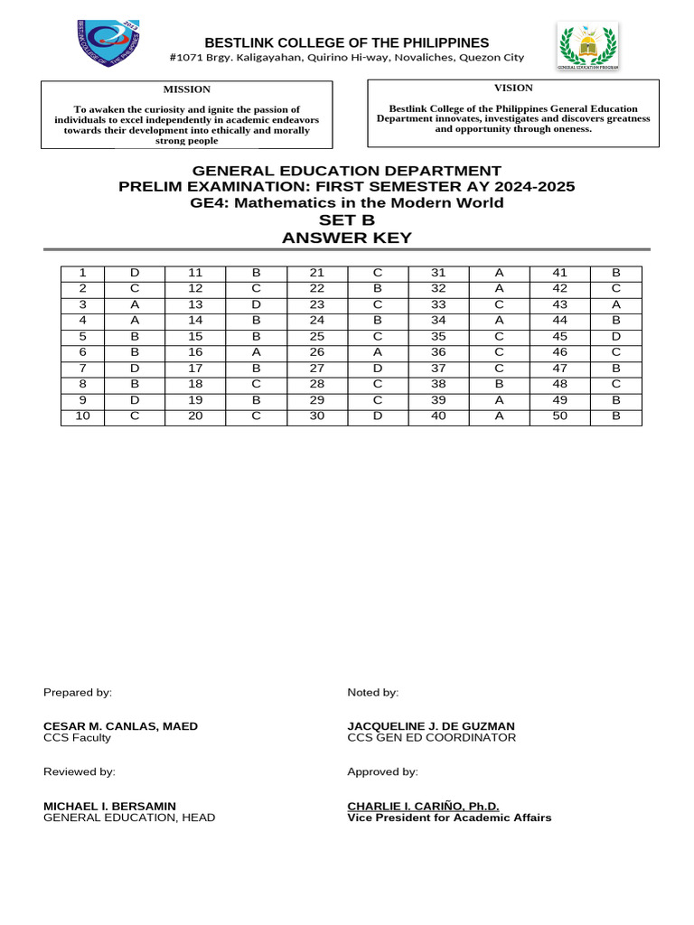 Answer Key Ge4 Set B Exam MMW | PDF