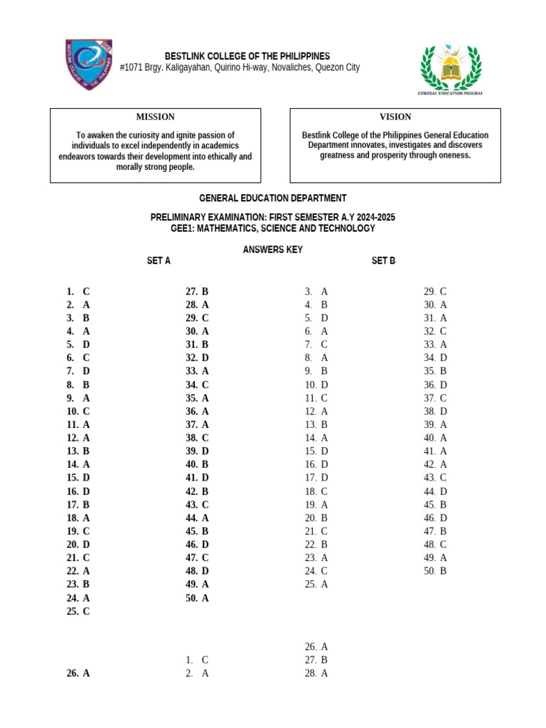 Gen - Ed Prelim Exam MST Answers Key | PDF