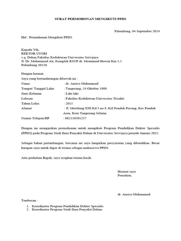 Permohonan PPDS Ilmu Penyakit Dalam UNSRI | PDF