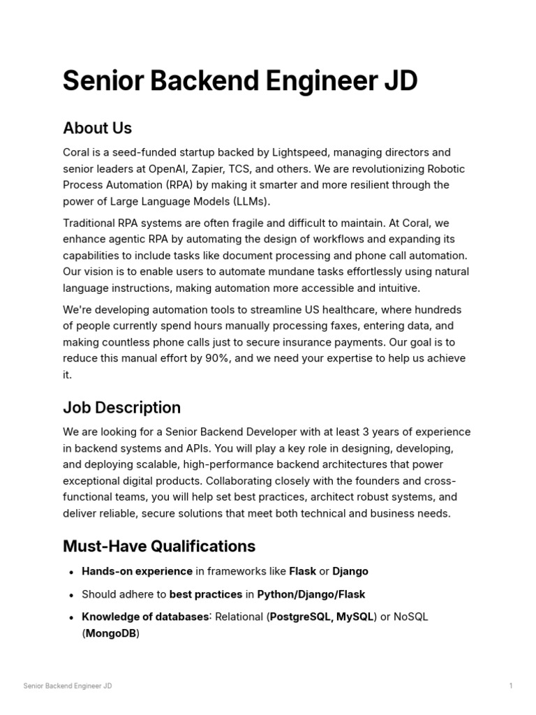 Coral Senior Backend Engineer JD | PDF | Automation | Information Technology