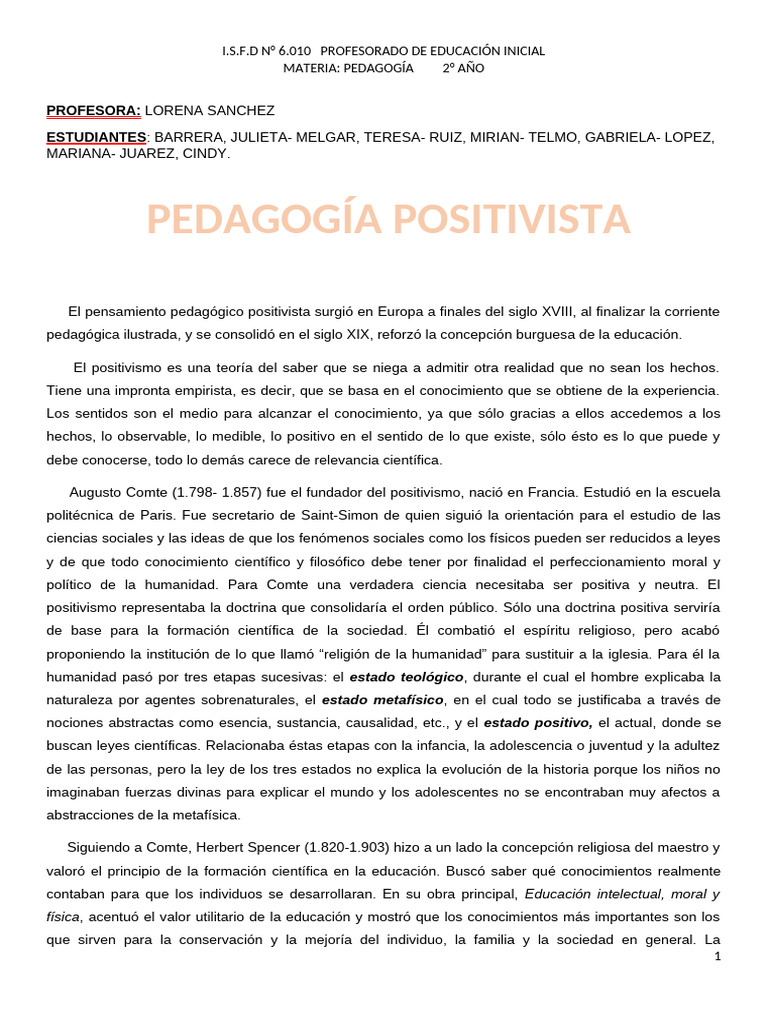 Pensamiento Pedagogico Positivista | PDF | Positivismo | Pedagogía