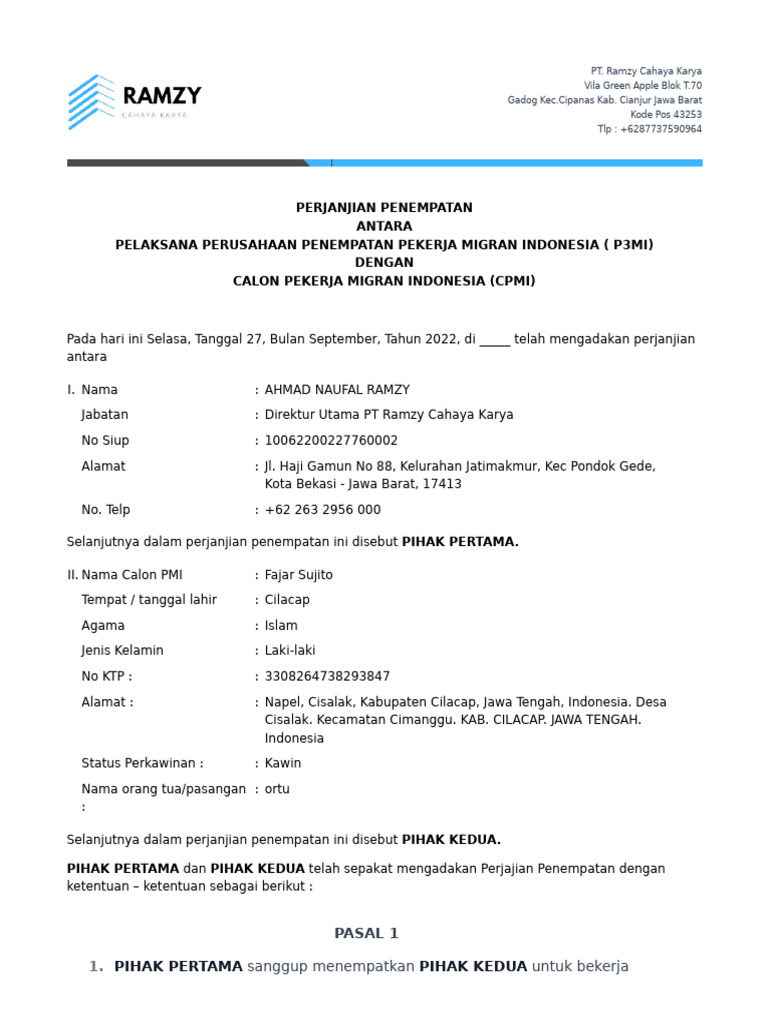 Perjanjian Penempatan | PDF