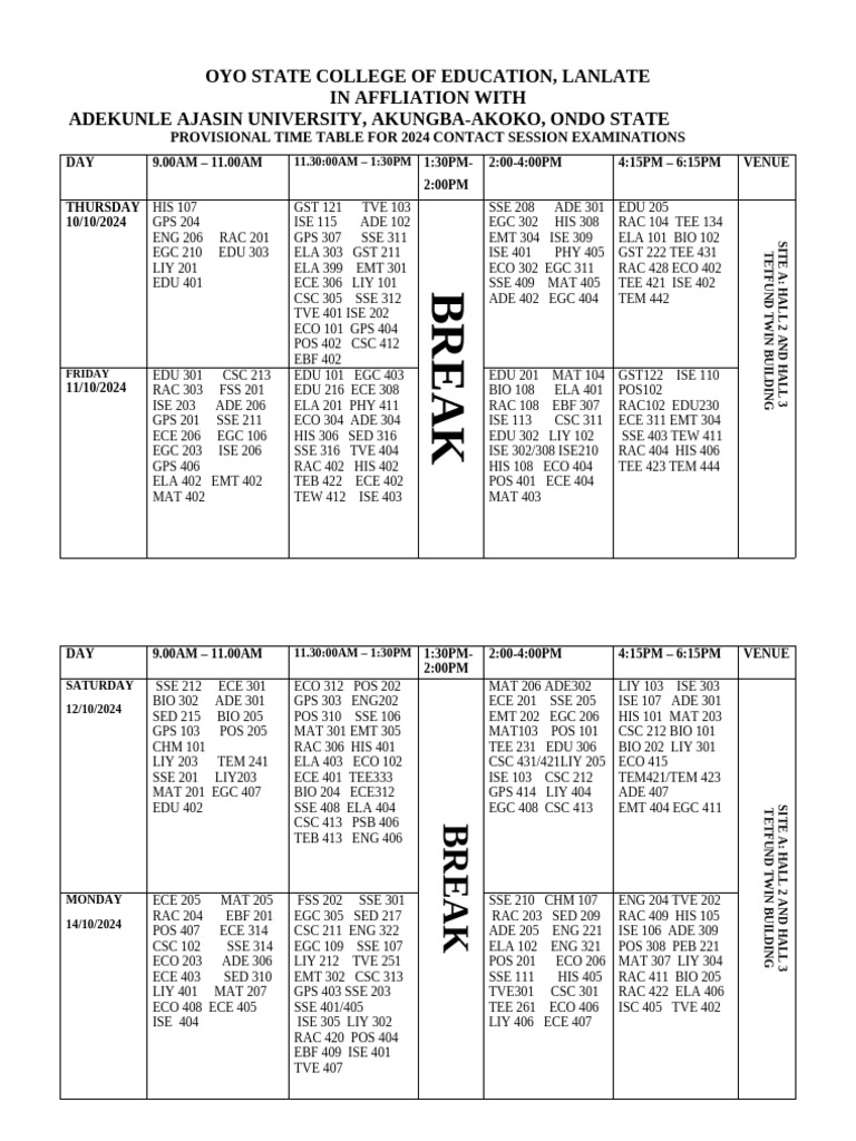 2024 Exam Timetable: Oyo State College | PDF