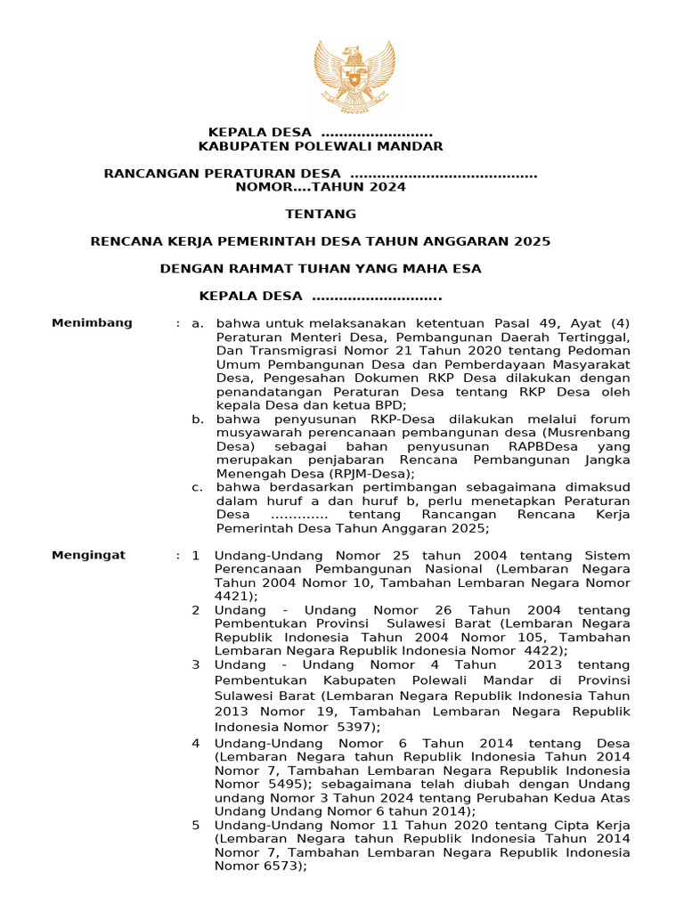 Format Rancangan Perdes RKPdesa 2025 | PDF