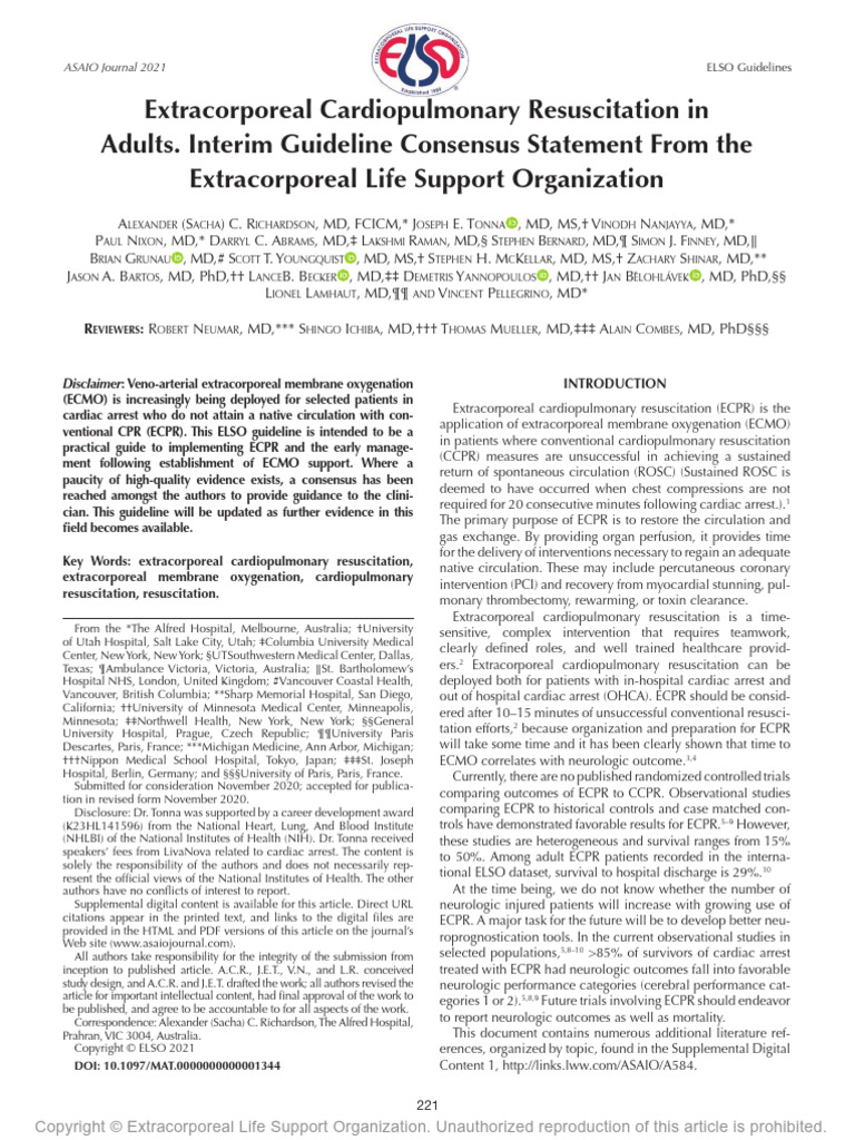 Extracorporeal Cardiopulmonary Resuscitation in Adults. | PDF ...