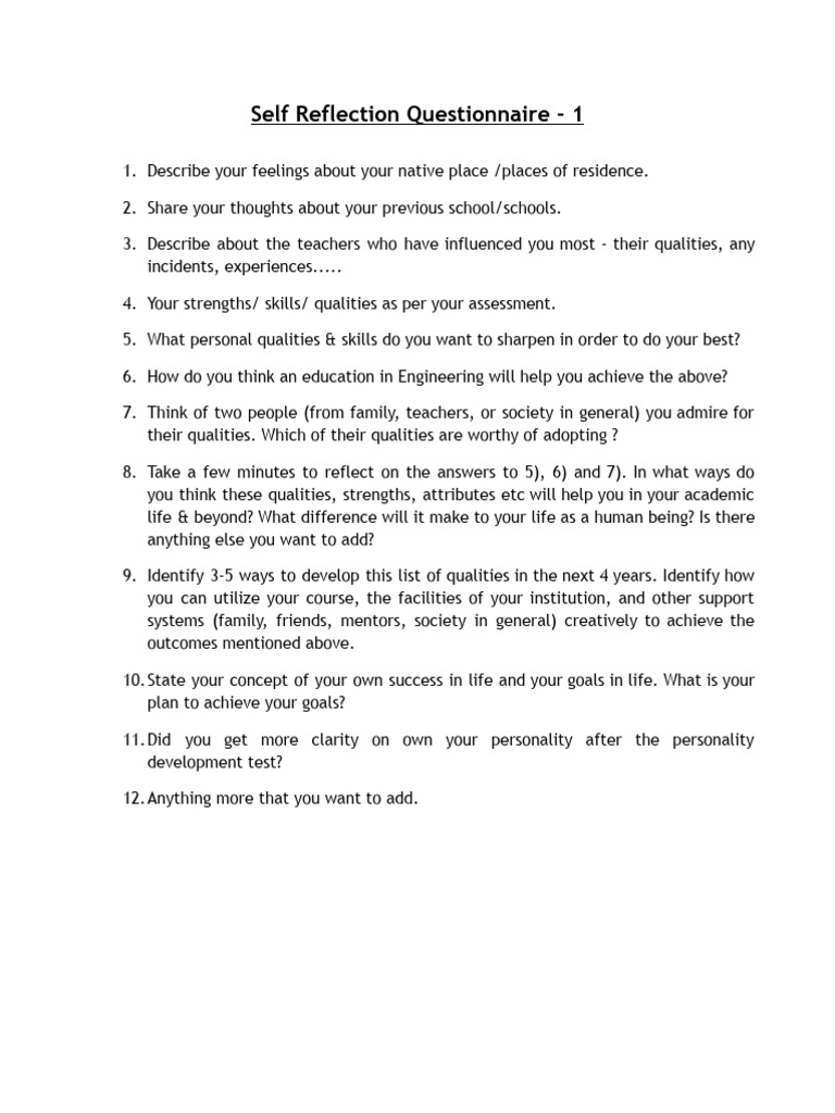 Sample of Self Reflection Questionnaire - 1 | PDF