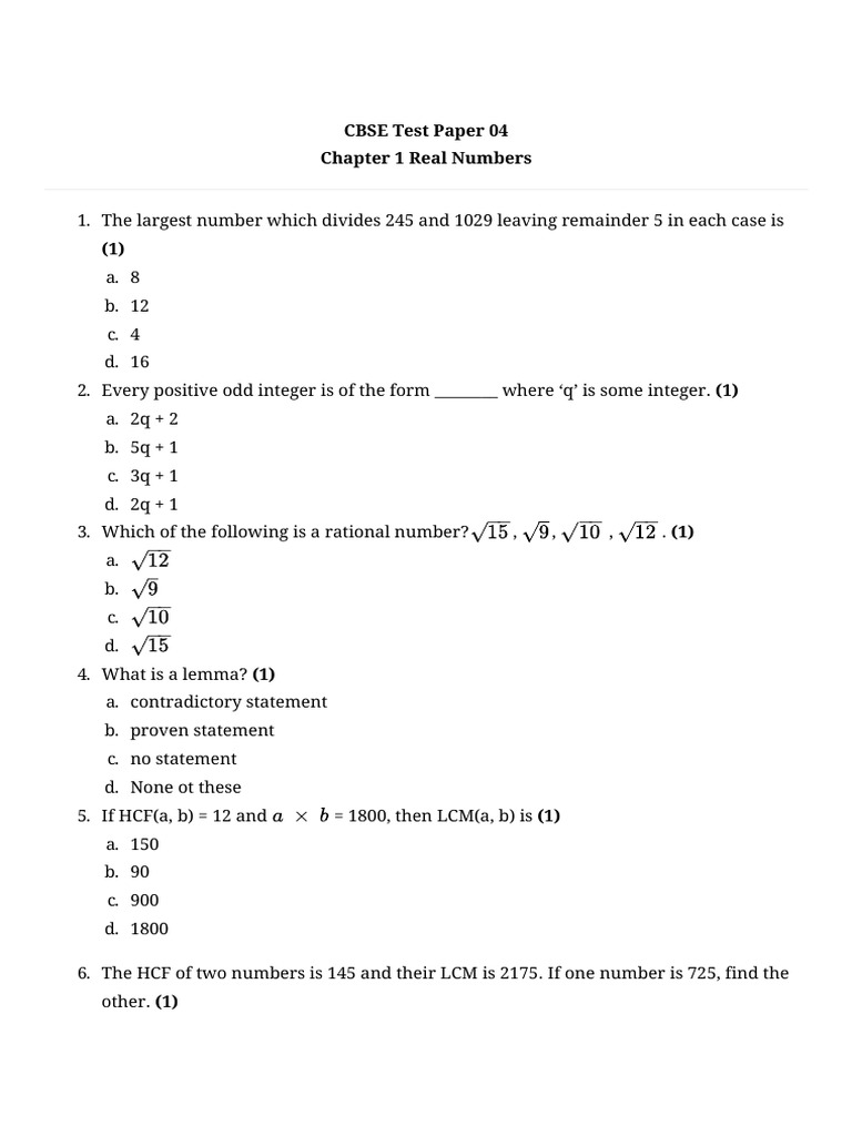 CBSE Class 10 Real Numbers Test | PDF | Numbers | Prime Number