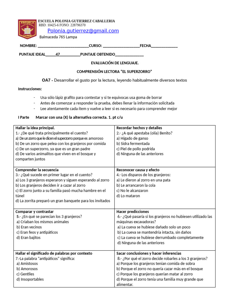 Evaluacion Lenguje El Superzorro Octubre | PDF