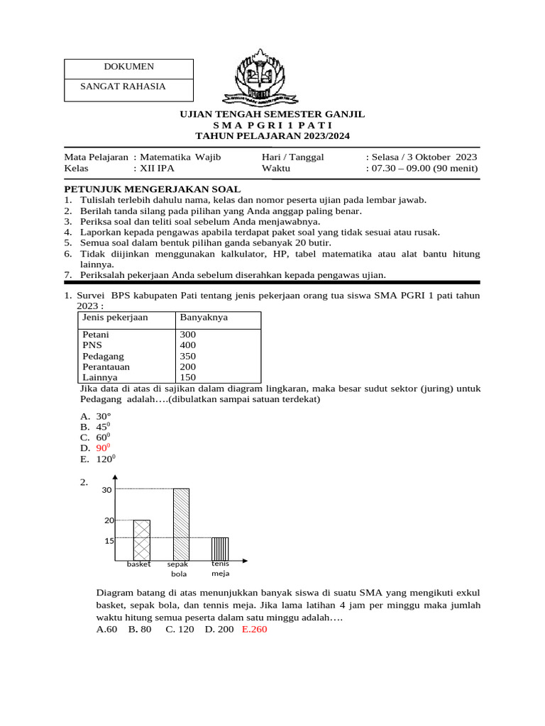 Pts Gasal Mat Xii Wajib 2023 Setor | PDF