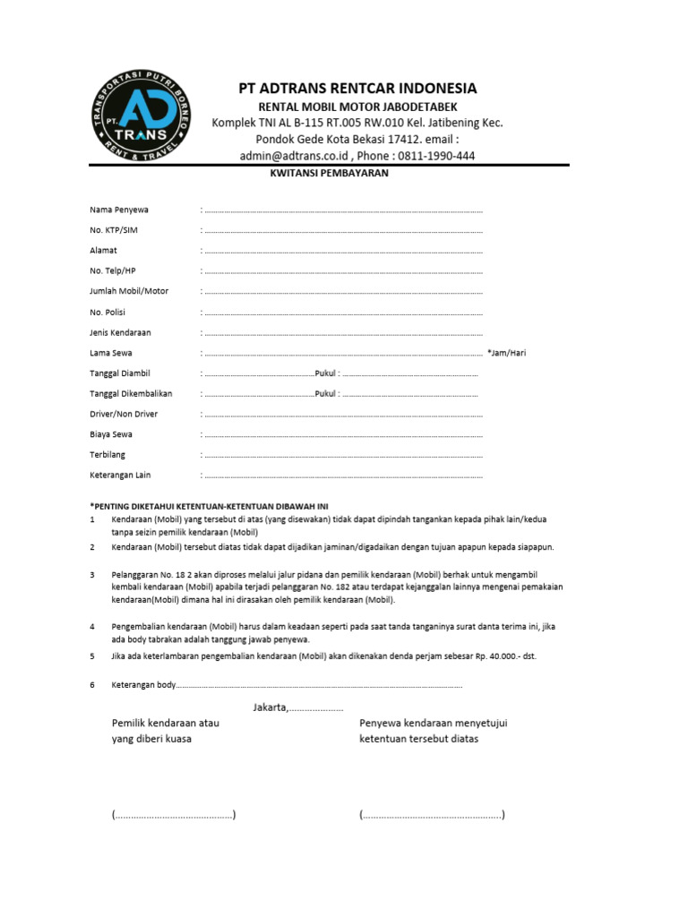 Contoh Nota Sewa Mobil dan Motor | PDF