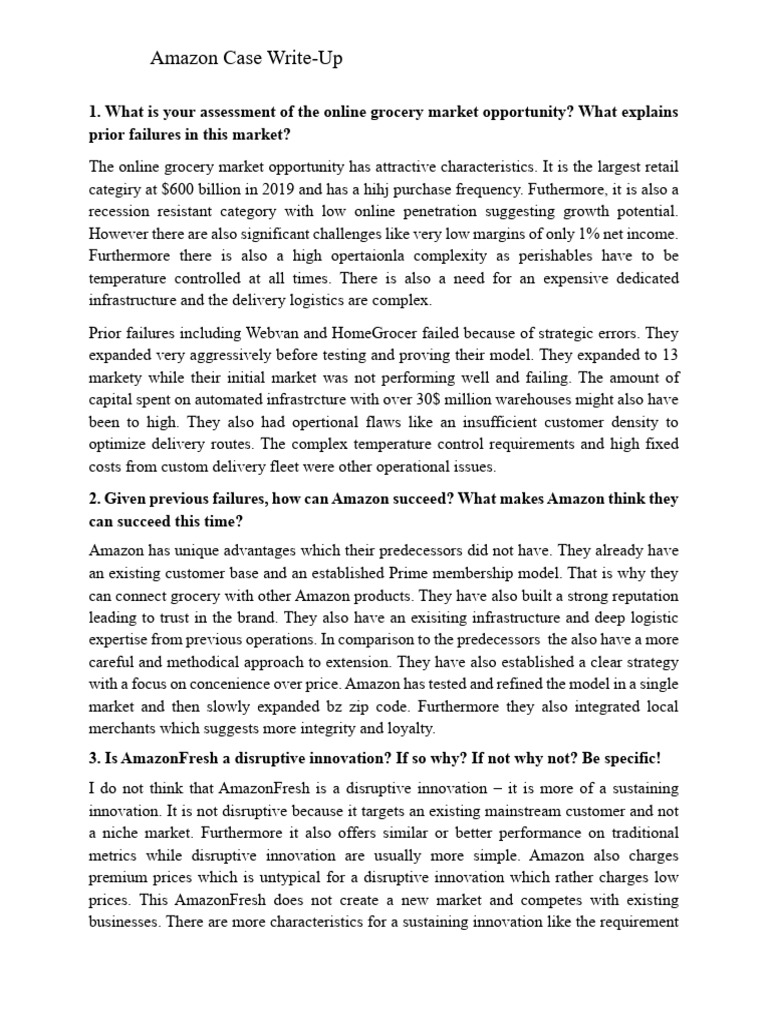 Amazon Fresh Case Write Up | PDF | Logistics | Disruptive Innovation