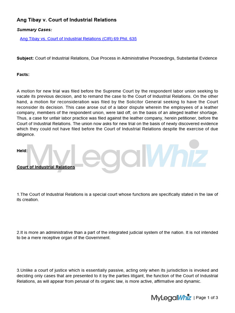 Ang Tibay Vs Court of Industrial Relations (CIR) 69 Phil 635 - SUMMARY ...