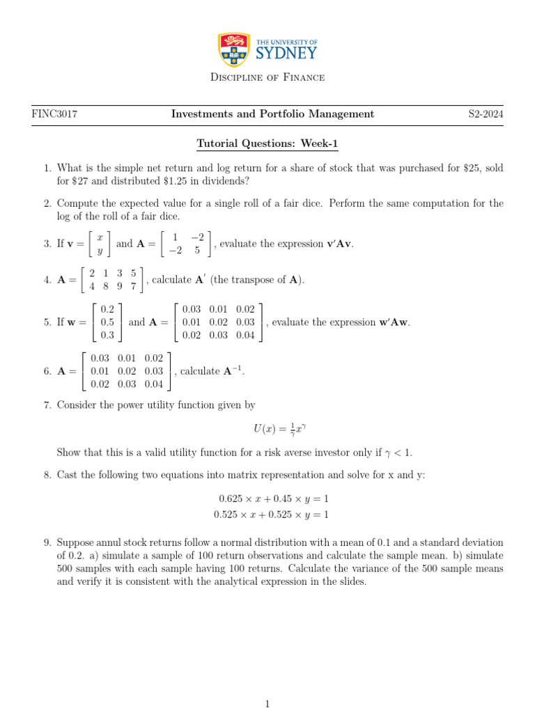 FINC3017 Week1 Tut Wo | PDF | Teaching Methods & Materials