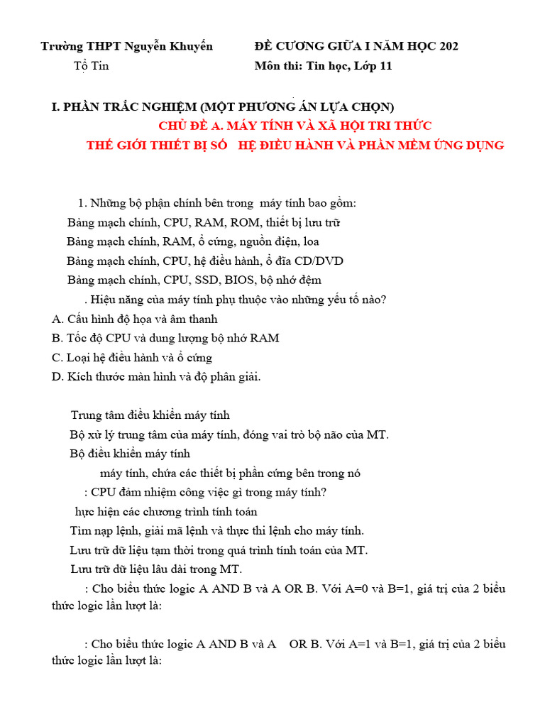 Decuong - GK1 - Tin 11 | PDF