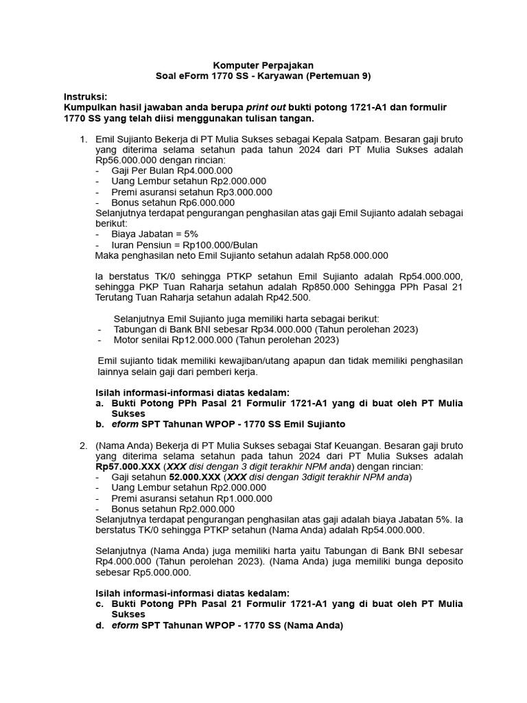 Latihan Soal - Komputer Perpajakan 1770 SS Karyawan | PDF | Pengelolaan Keuangan & Uang