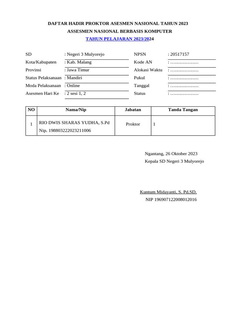 Daftar Hadir Proktor ANBK 2023 | PDF