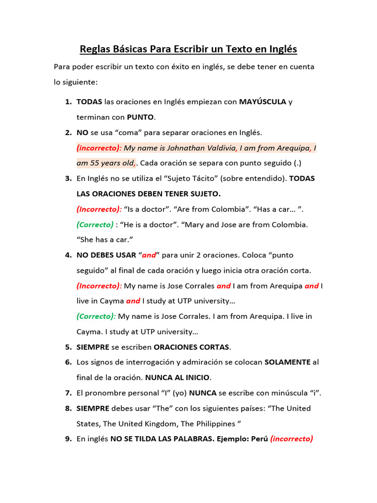 Reglas Básicas para Escribir Un Texto en Inglés | PDF | Lingüística | Gramática