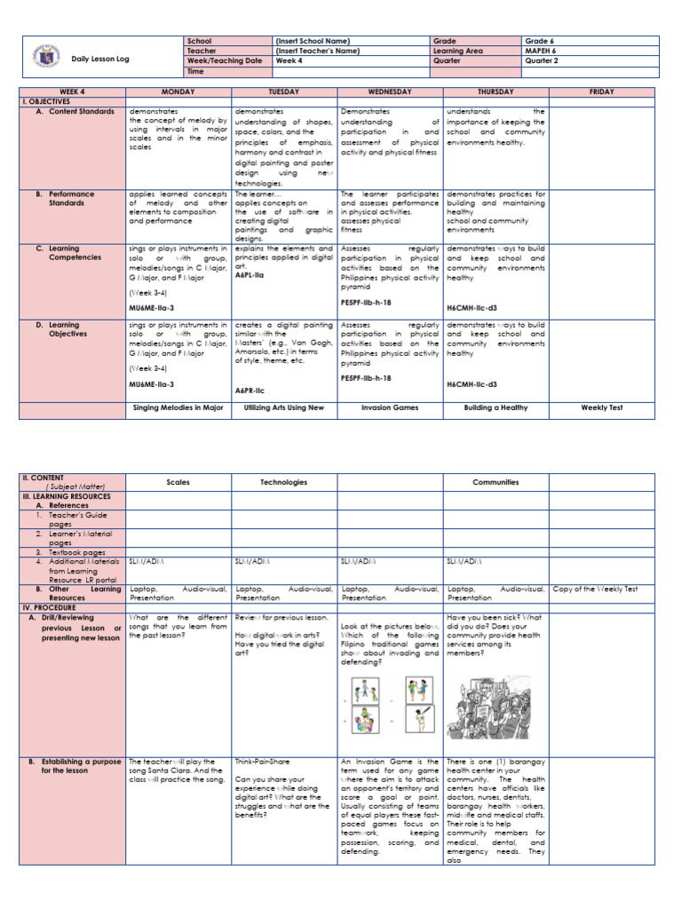 DLL Mapeh6 W4 Q2 | PDF | Menu (Computing) | Learning