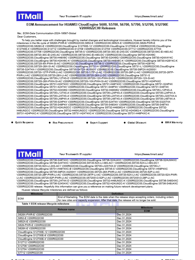 EOM Announcement For HUAWEI CloudEngine S600, S5700, S6700, S7700, S12700, S12700E V200R022C00 ...