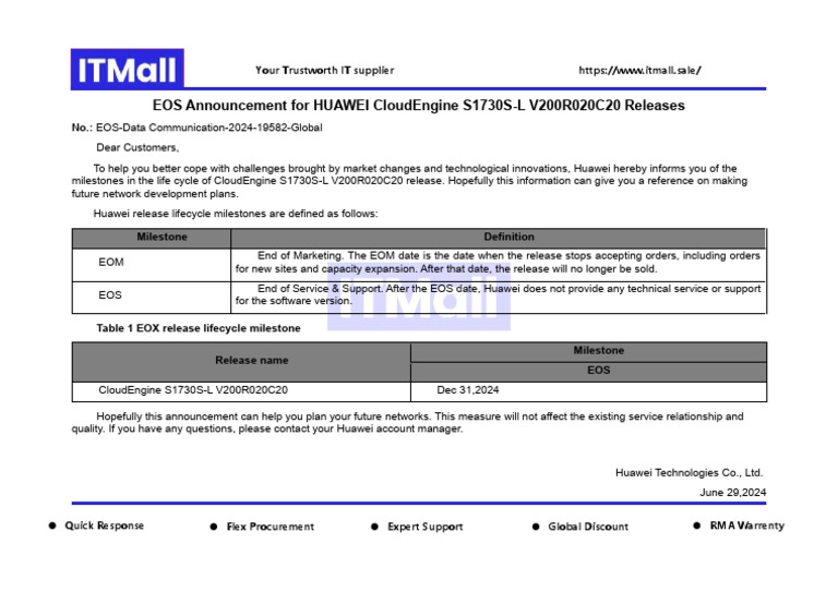 EOS Announcement For HUAWEI CloudEngine S1730S-L V200R020C20 Releases ...