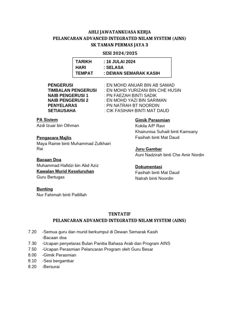 Ahli Jawatankuasa Kerja Pelancaran Program Ains 2024 | PDF