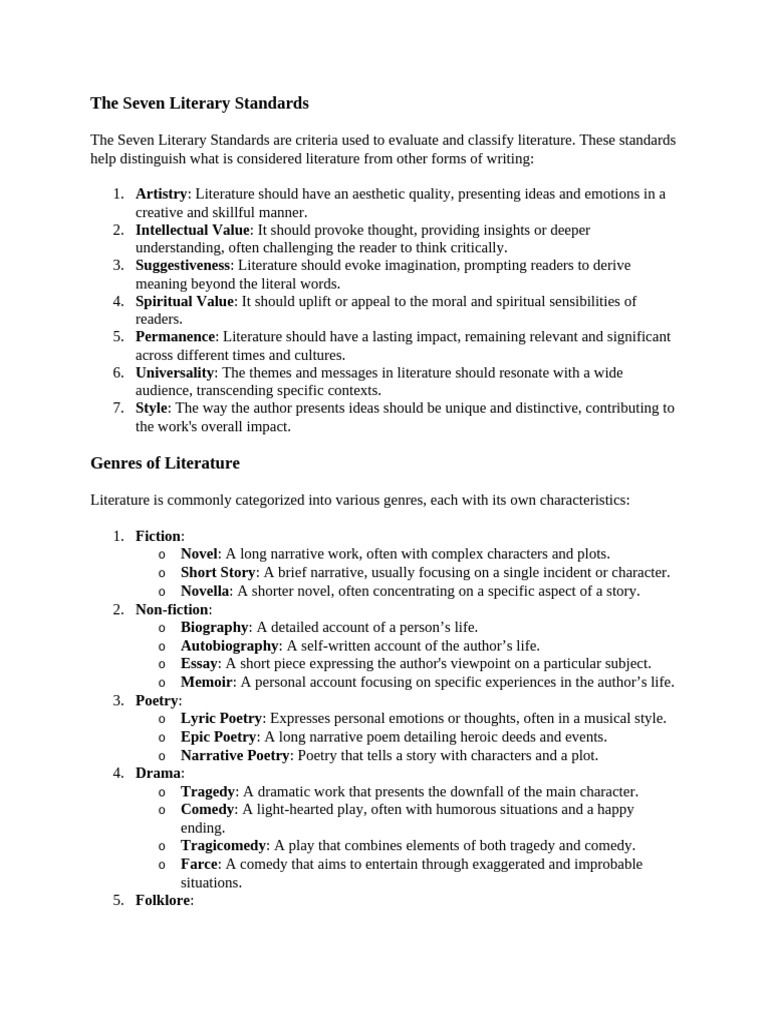 The Seven Literary Standards | PDF | Narrative | Poetry