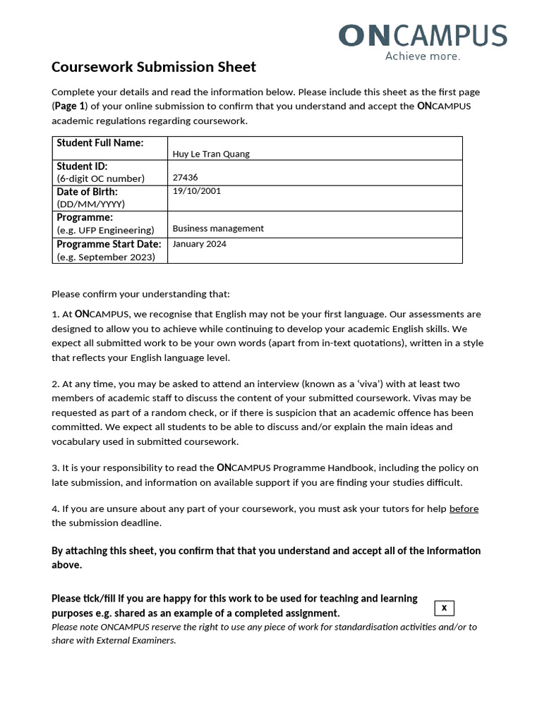 Coursework Submission Sheet v3 | PDF | Business | Foreign Language Studies